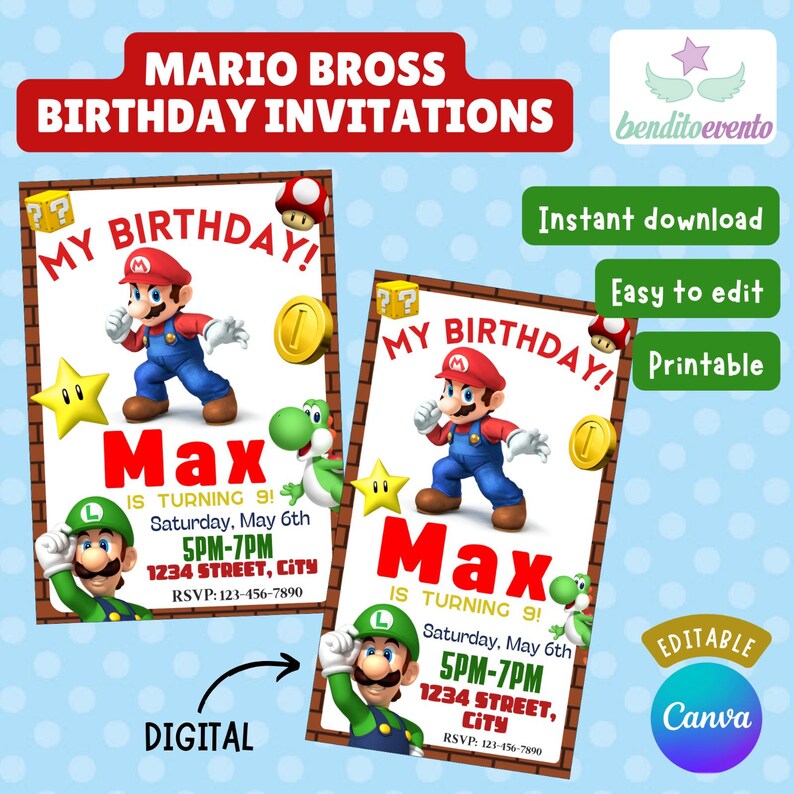 MARIO BROSS Invitation Editable CANVA Template Birthday Invitation ...