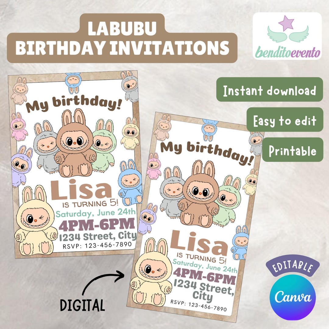 LABUBU BIRTHDAY Invitation Monsters Plush Colors Editable CANVA ...