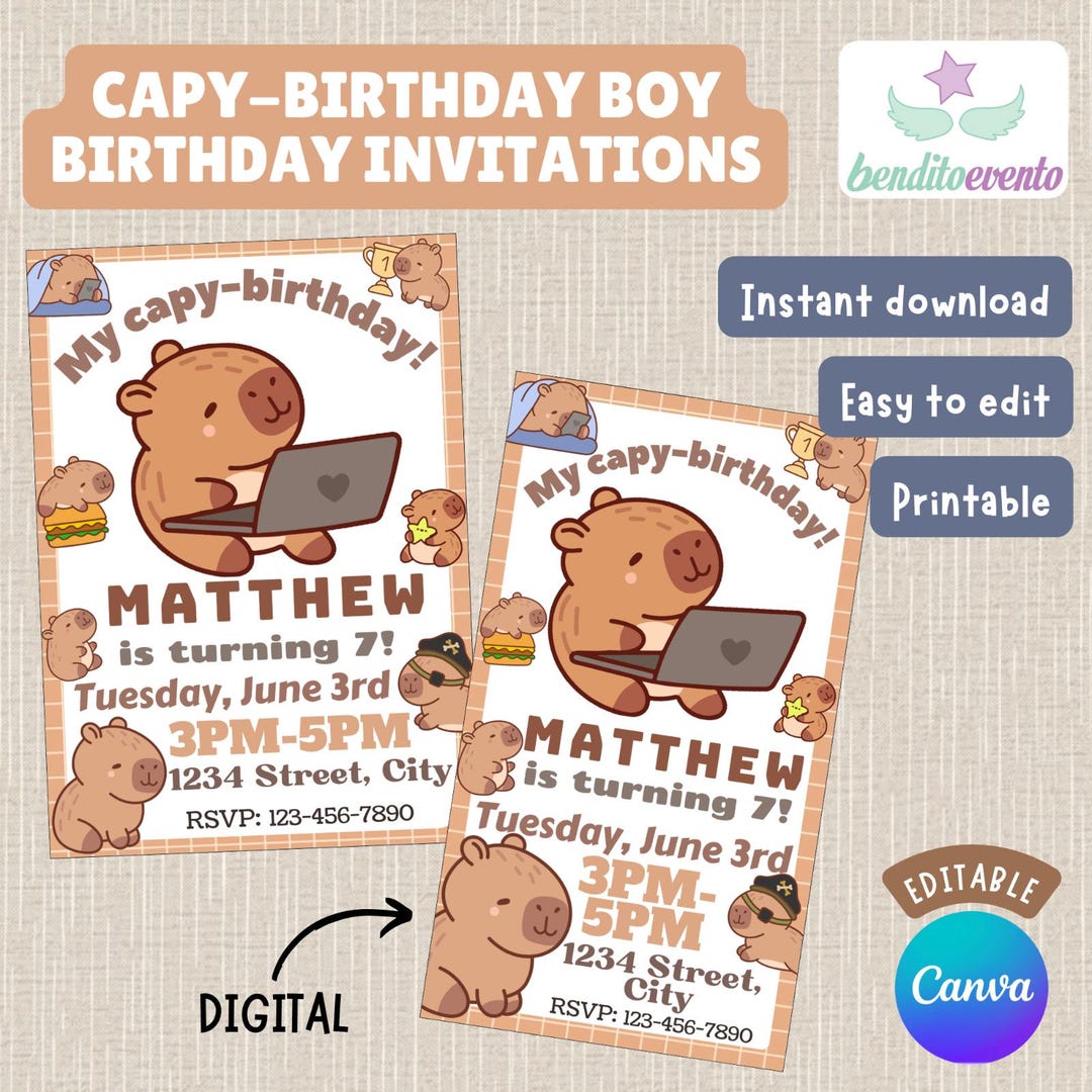 CAPYBARA BIRTHDAY Invitation Boy Editable CANVA Capybara Birthday ...