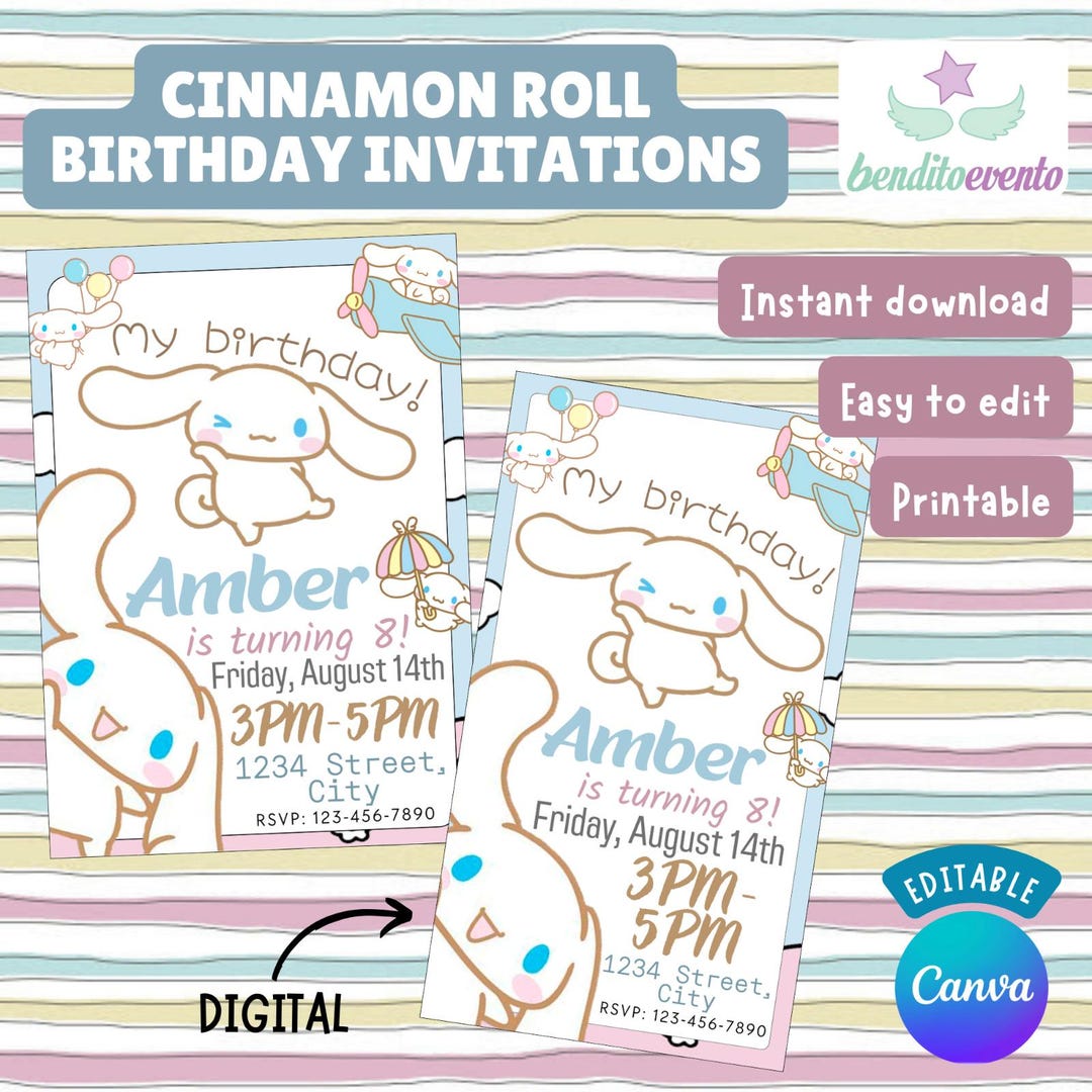 Editable Cianna Roll Kuro Kawaii Birthday Invitation Template CANVA, Kawaii Digital Invitation ...