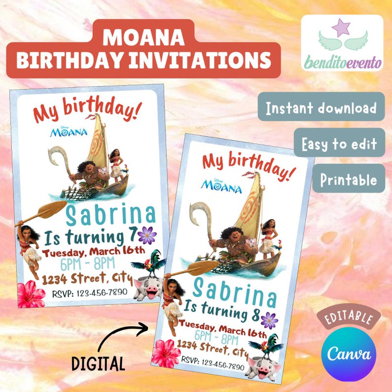 Invitacion MOANA BIRTHDAY editable CANVA Plantilla Cumpleaños Printable ...