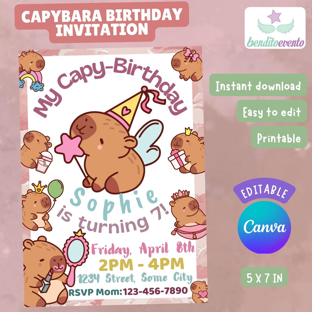 CAPYBARA BIRTHDAY Invitation Fairy Princess Editable CANVA Capybara ...