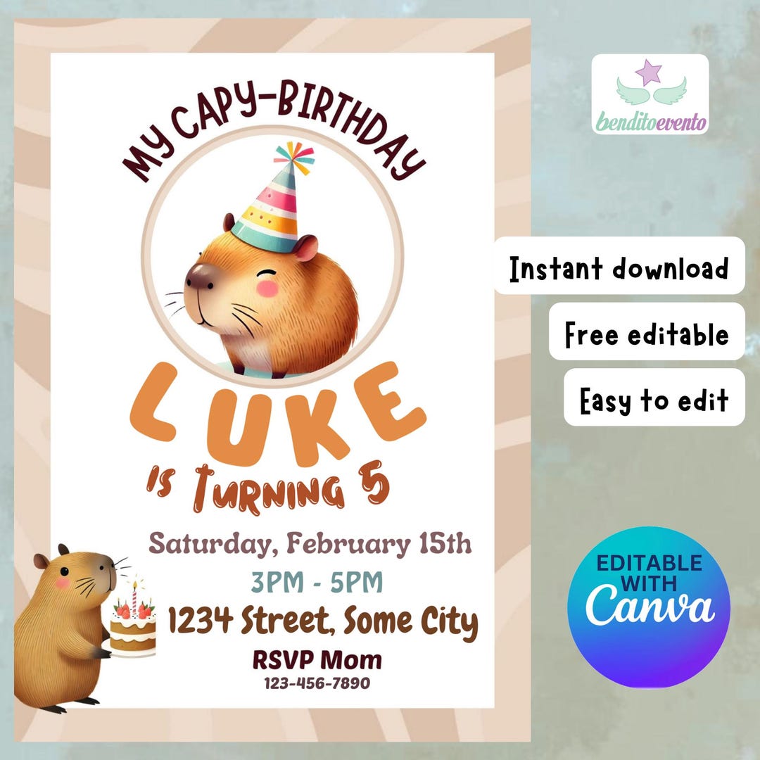 CAPYBARA BIRTHDAY Invitation Editable CANVA Capybara Birthday Template ...