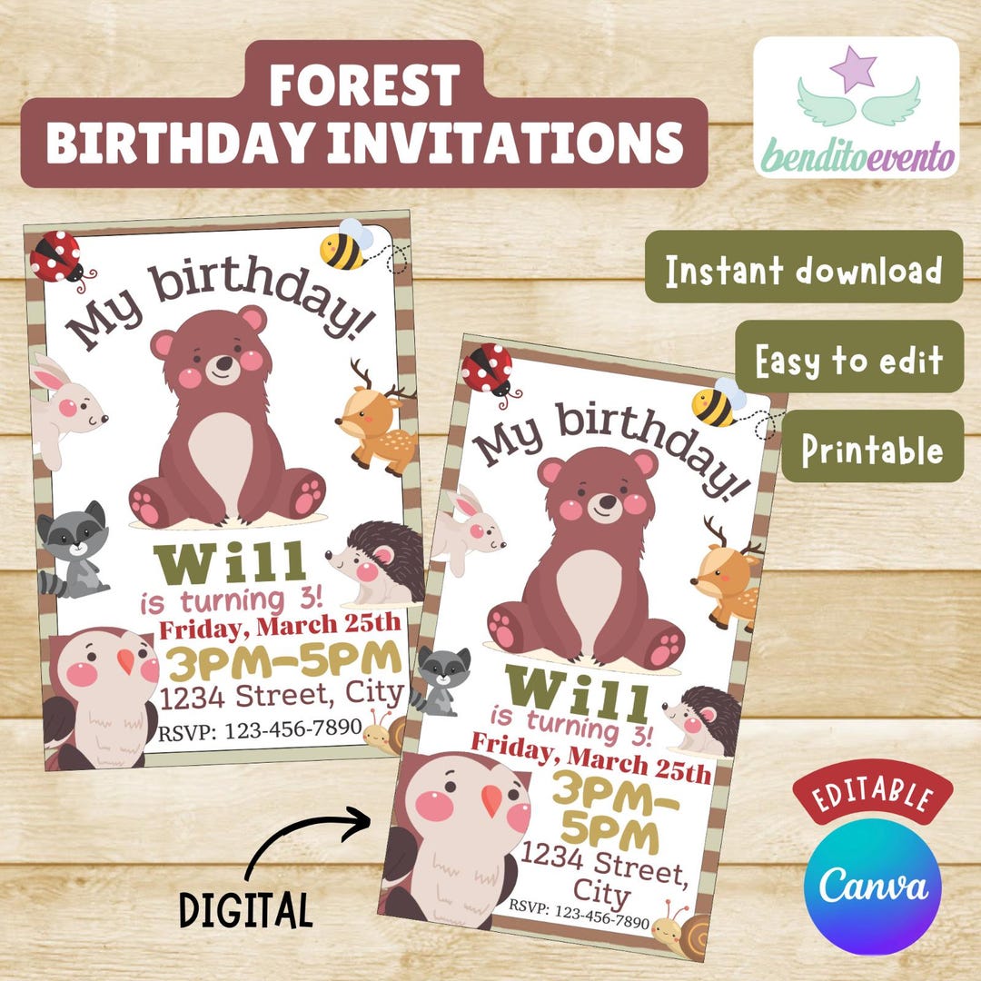 FOREST BIRTHDAY Invitation Boy Girl Editable CANVA Forest Birthday ...