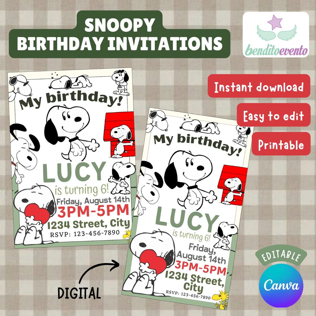 Snoopy Dog Peanuts Birthday Invitation Template Editable CANVA ...