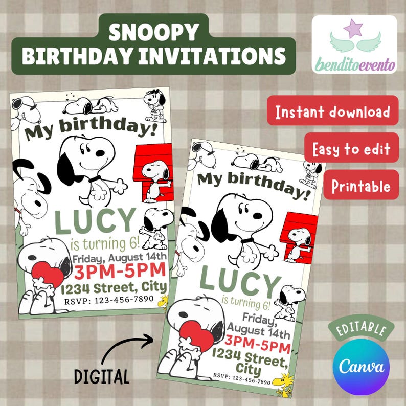 Plantilla Invitación cumpleaños Snoopy Dog Peanuts editable CANVA ...