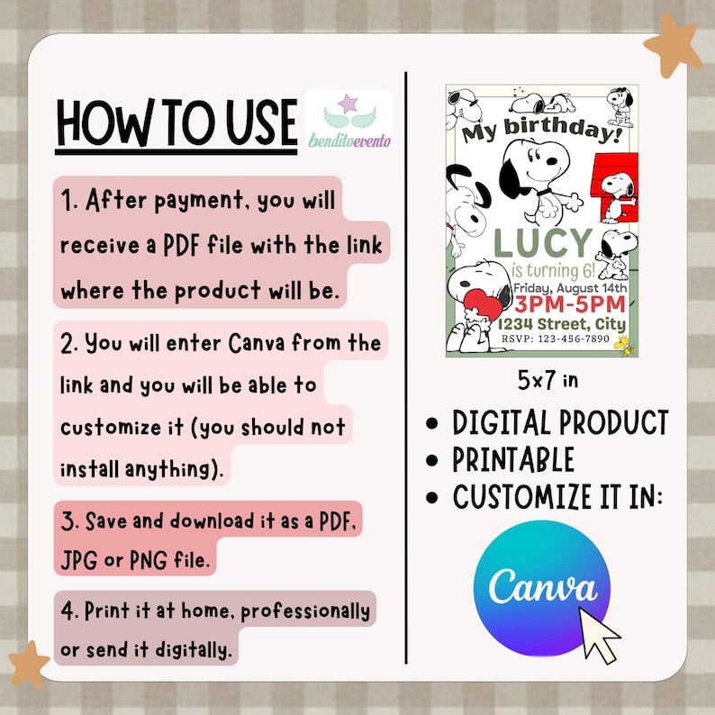 Plantilla Invitación cumpleaños Snoopy Dog Peanuts editable CANVA ...
