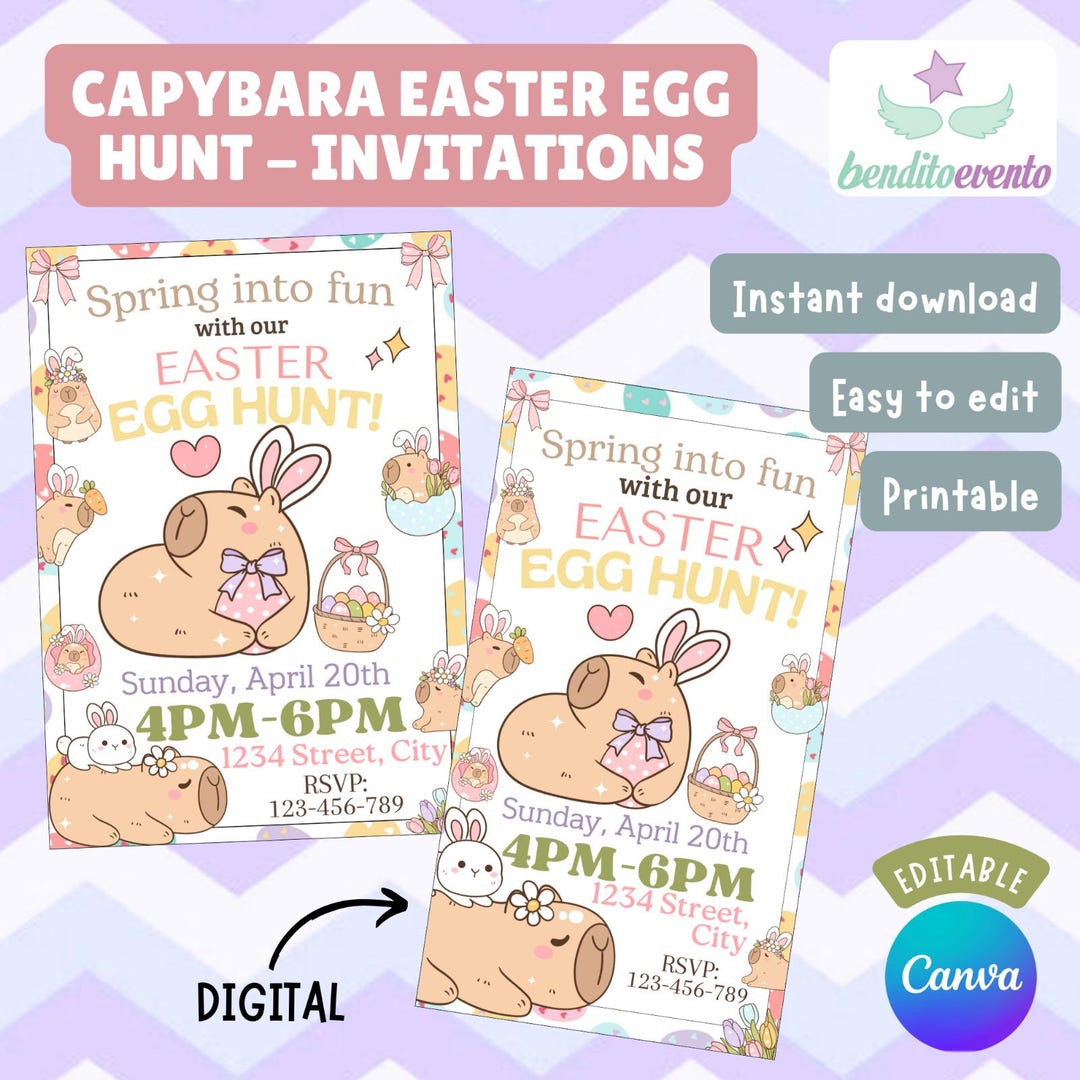 CAPYBARA EASTER Egg Hunt Invitation Editable CANVA Capybara Template ...