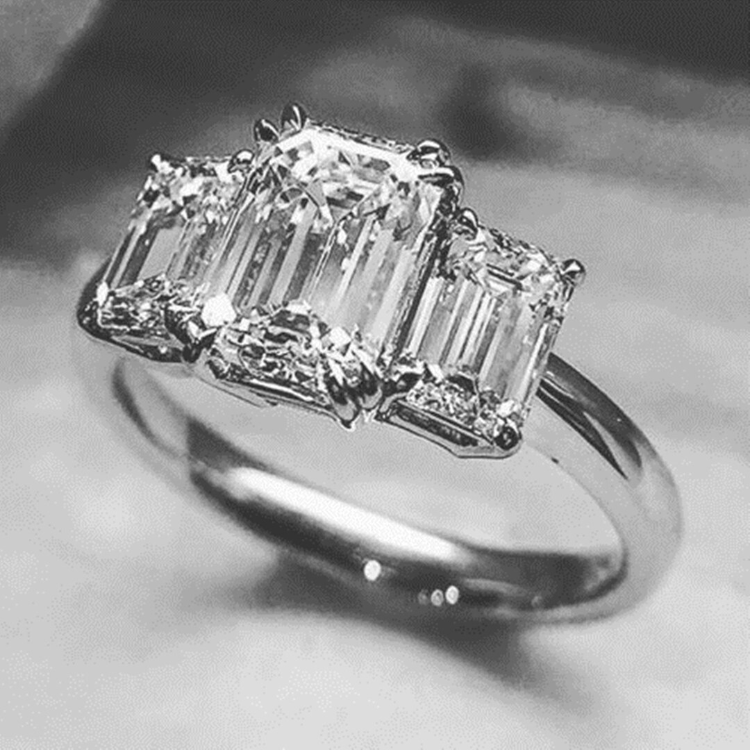 Center & Side Emerald Cut CZ Stone Ring, Three Stone Wedding Bridal ...