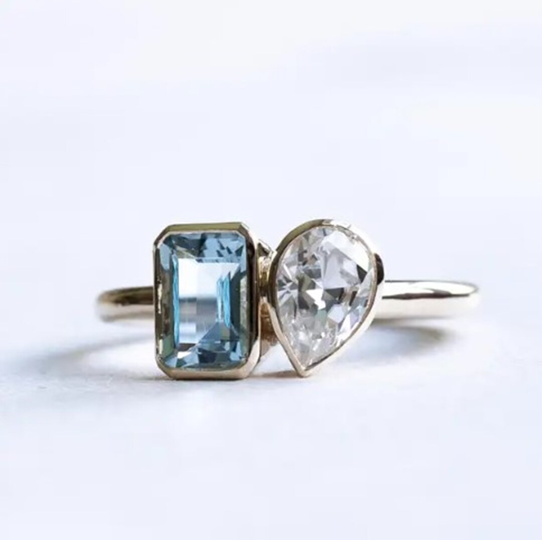 Bezel Set Two Stone Ring, Aquamarine Emerald & White Pear CZ Stone Ring ...