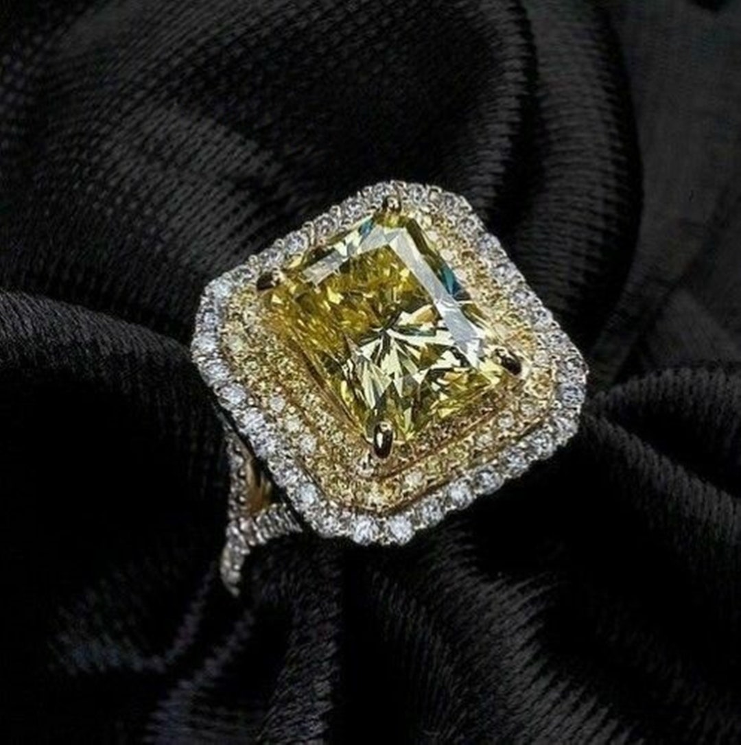 Attractive Canary Yellow Radiant & Round Diamond Ring, Double Halo Set ...