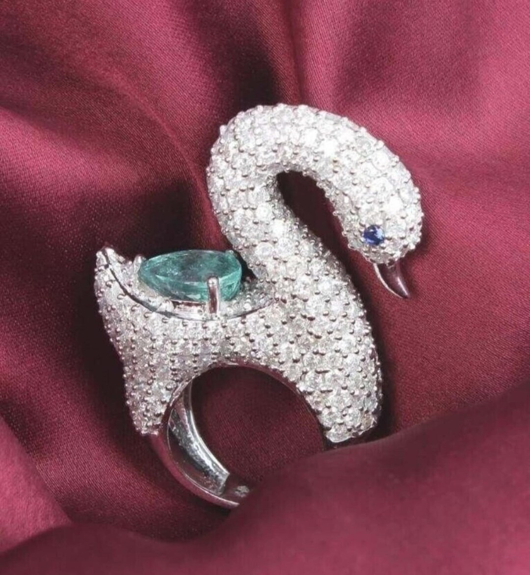 Luxurious SWAN Ring, Aquamarine Pear & Round Cut CZ Stone Ring, Antique ...