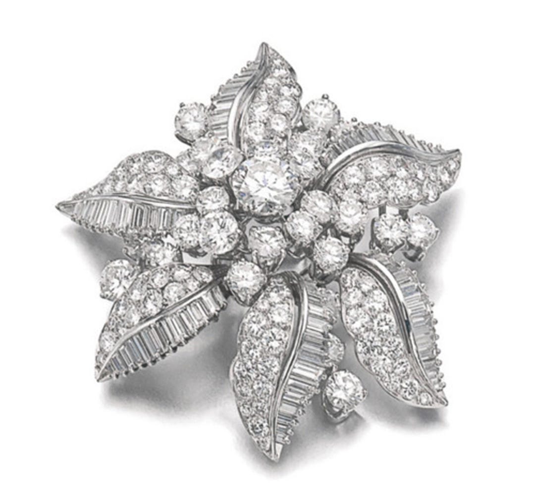 Beautiful Floral Leaf Design Brooch, Baguette & Round Cut CZ Stone ...