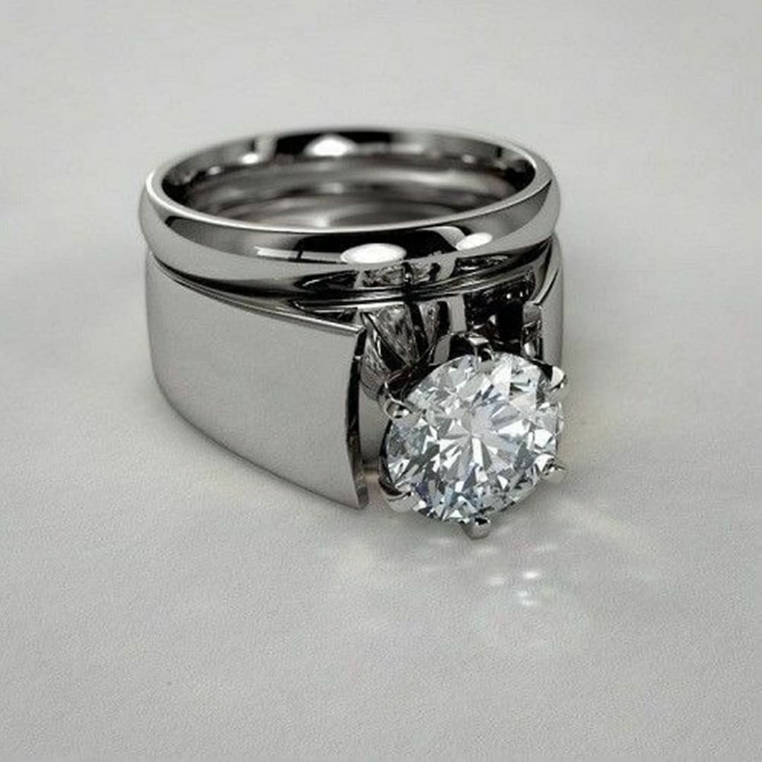 Solitaire Ring With Plain Band, Round CZ Stone Engagement Ring Set ...