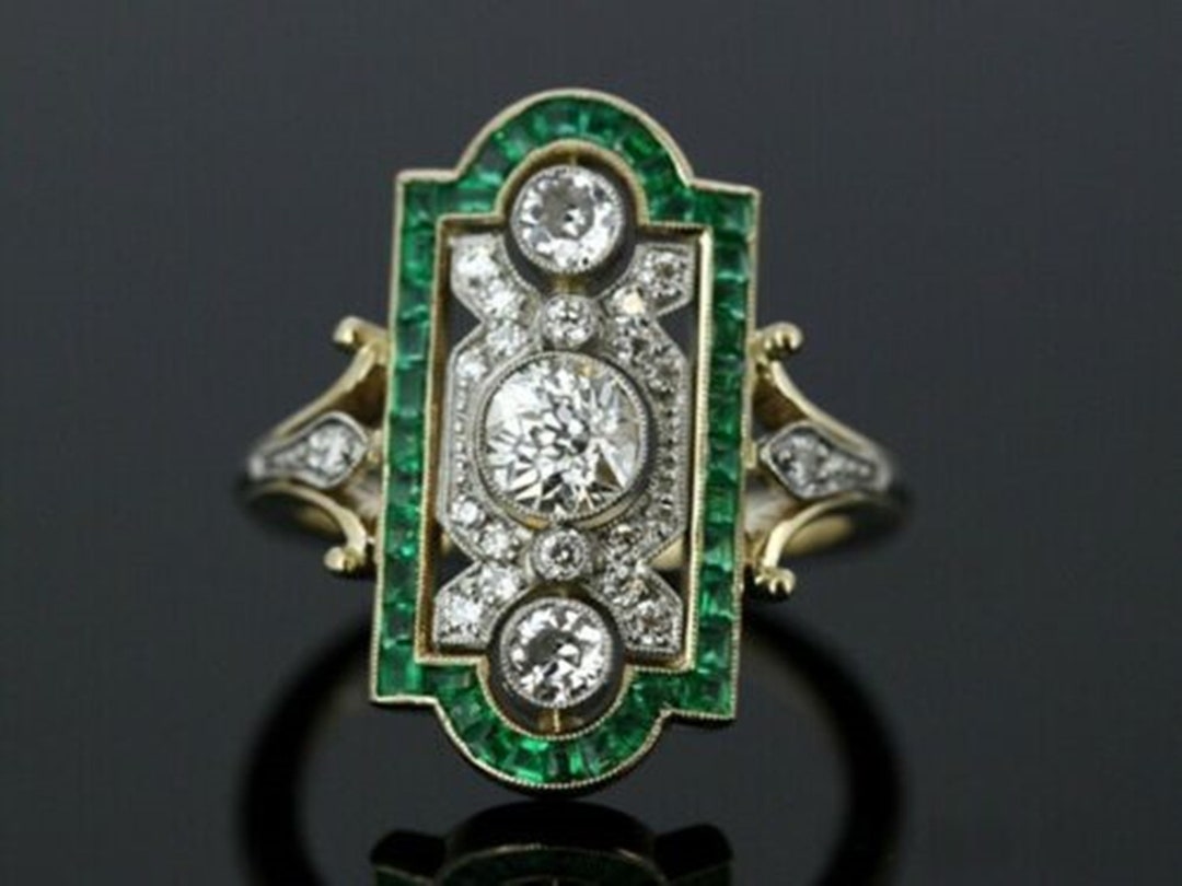 Art Deco Dinner Ring, Old European With Green Baguette Cut CZ Stone ...