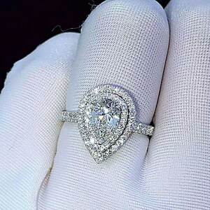 Double Tier Teardrop Ring, Colorless Pear & Round Diamond Ring, Double ...