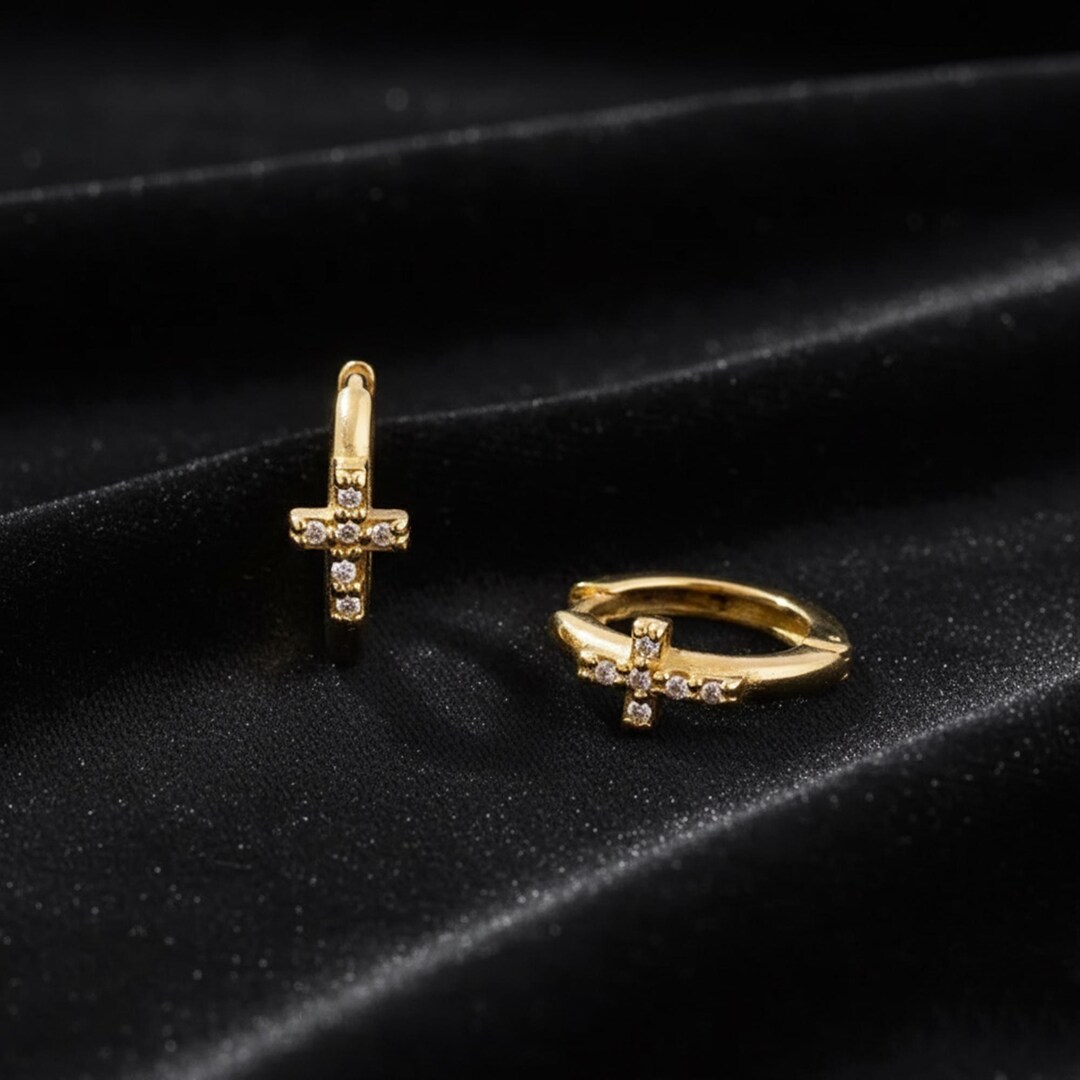 Mini Cross Hoop Earring in 10K Yellow Gold, Cristian Cross Huggie Hoop ...