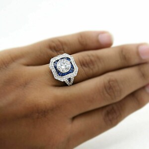 Blue Baguette and Round Cut Diamond Engagement Ring Wedding - Etsy