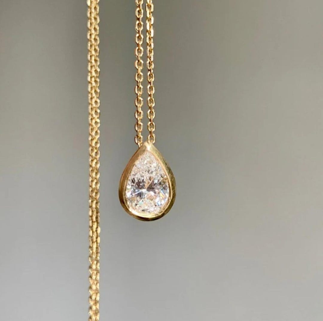 Bezel Set Pear CZ Stone Teardrop Necklace, Solitaire Pendant Necklace ...