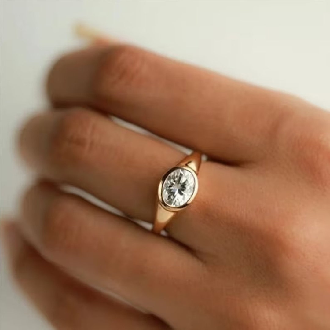 Bezel Set Oval Cut Diamond Ring, Minimalist Solitaire Ring, Daily Wear ...