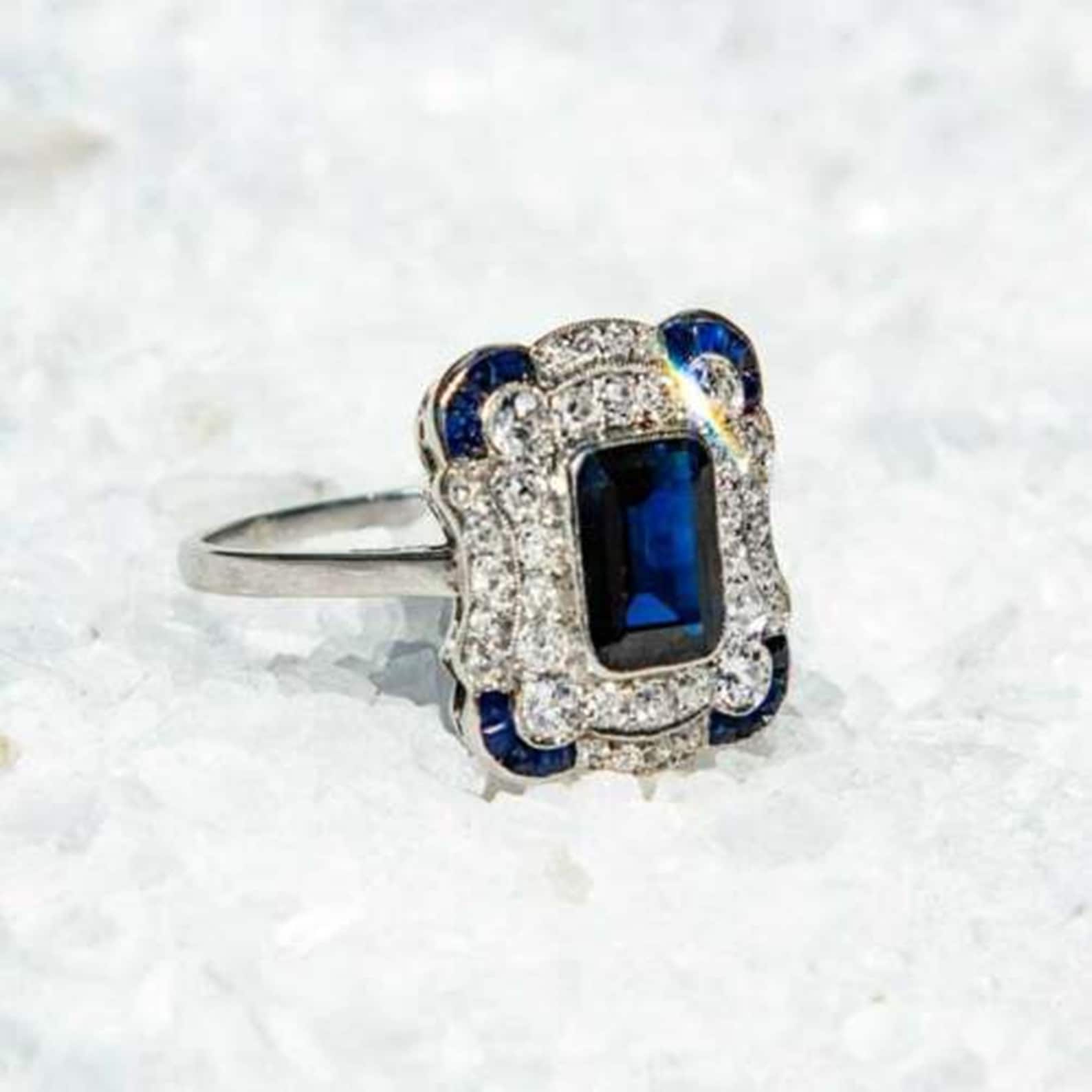 Blue Emerald Cut Diamond Ring / Unique Engagement Ring / | Etsy