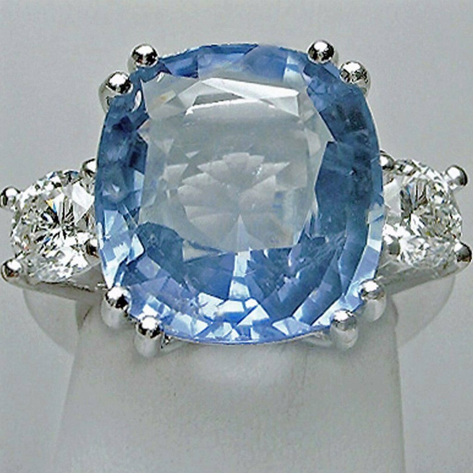 Aqua Blue Cushion Cut Diamond Ring, Charming Three Stone Ring ...