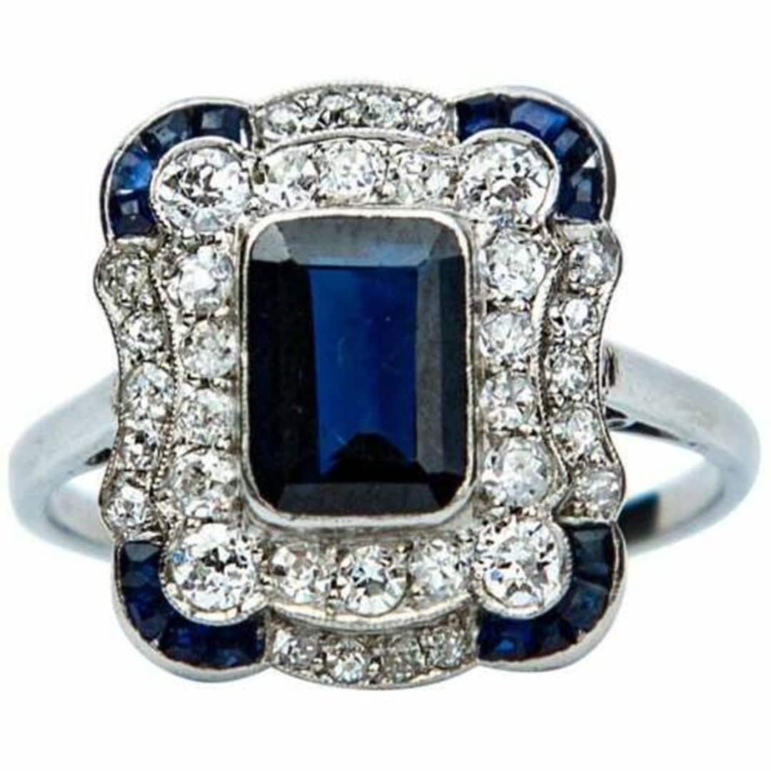 Blue Emerald Cut Diamond Ring / Unique Engagement Ring / Designer ...
