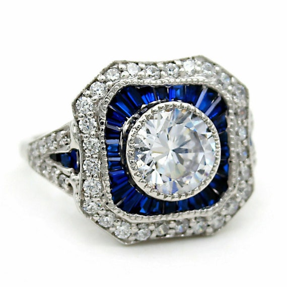 Blue Baguette and Round Cut Diamond Engagement Ring / Wedding | Etsy