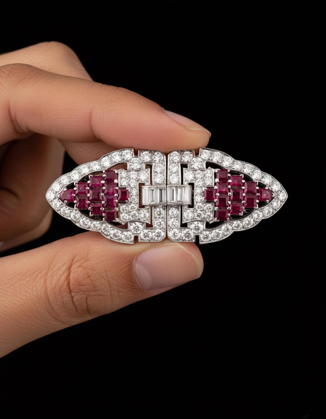 Art Deco Double Clip Brooch, Vintage Style Ruby Brooch, Multi Shape CZ ...