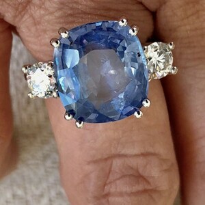 Aqua Blue Cushion Cut Diamond Ring, Charming Three Stone Ring ...
