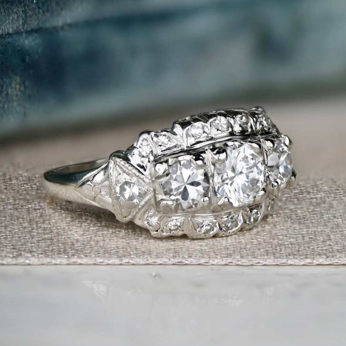 Three Stone Engagement Ring, Vintage Inspire Ring for Women, Round Cut ...