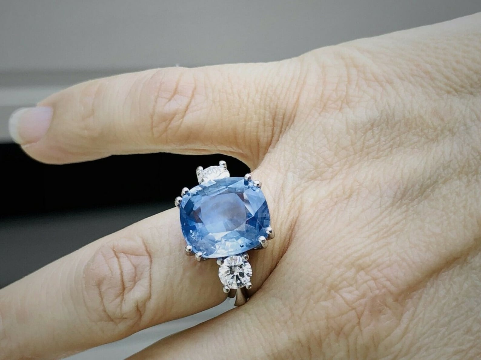 Aqua Blue Cushion Cut Diamond Ring, Charming Three Stone Ring ...