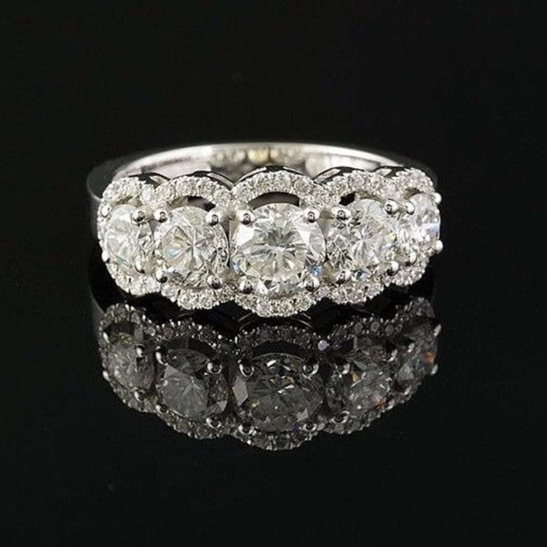 Five Stone Round Diamond Wedding Ring / Handamde Jewellery / Halo Set ...