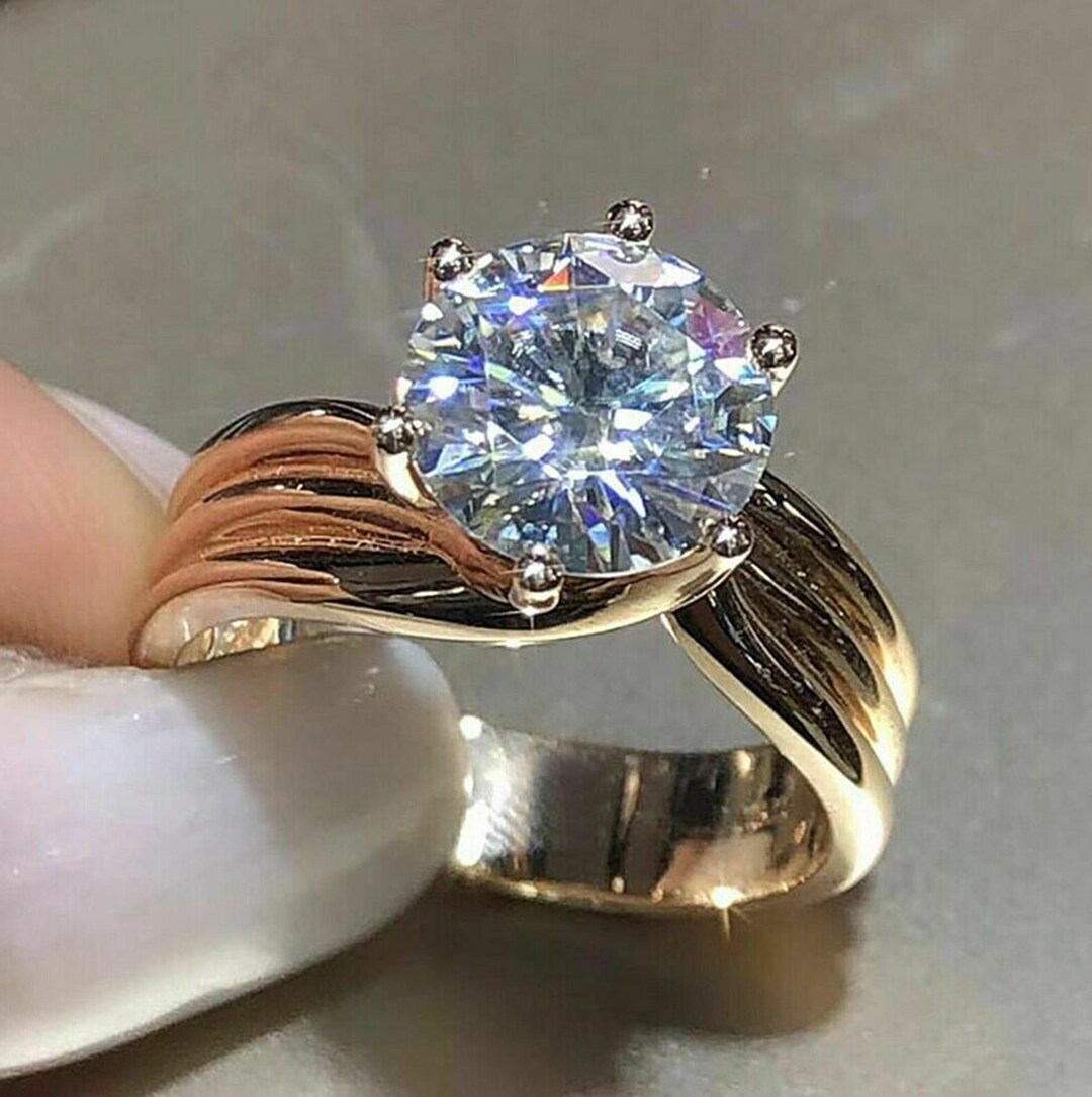 14K Yellow Gold Solitaire Ring, 9MM Round Cut CZ Stone Wedding Ring ...