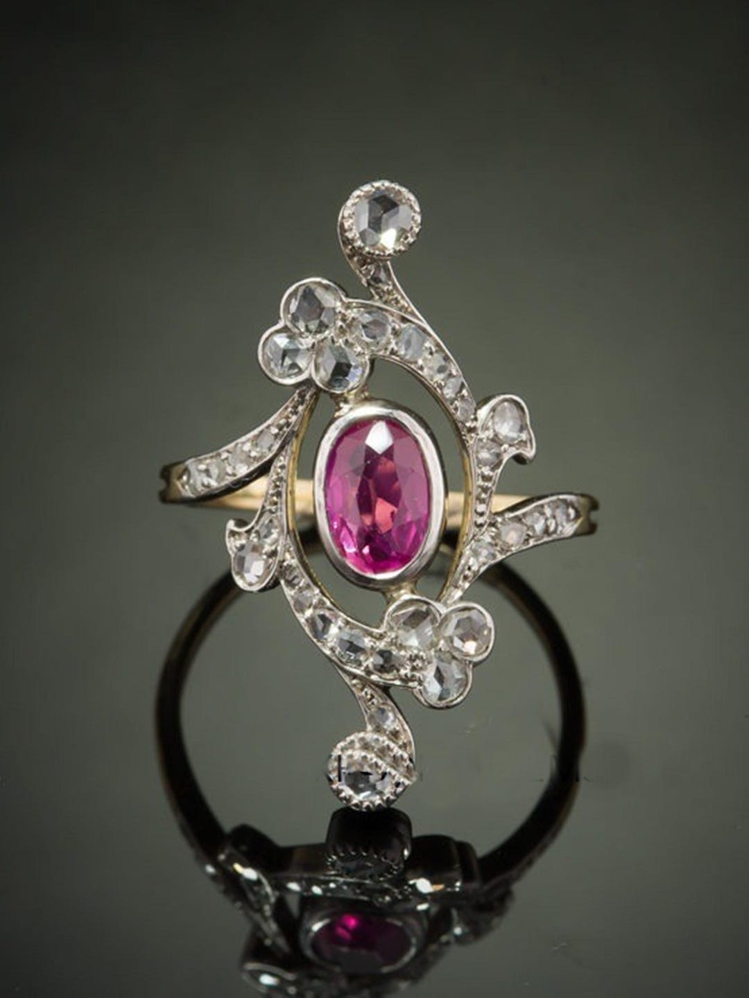 Victorian Lozenge Dinner Ring, Pink Bezel Set Oval & Round CZ Stone Art ...