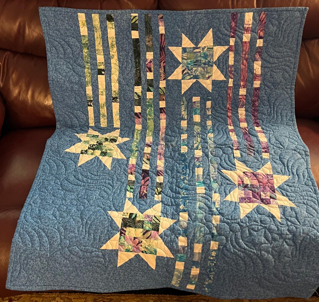 Handmade Lap Quilt, Falling Stars Pattern, Batik Teal, Blue, and Purple ...