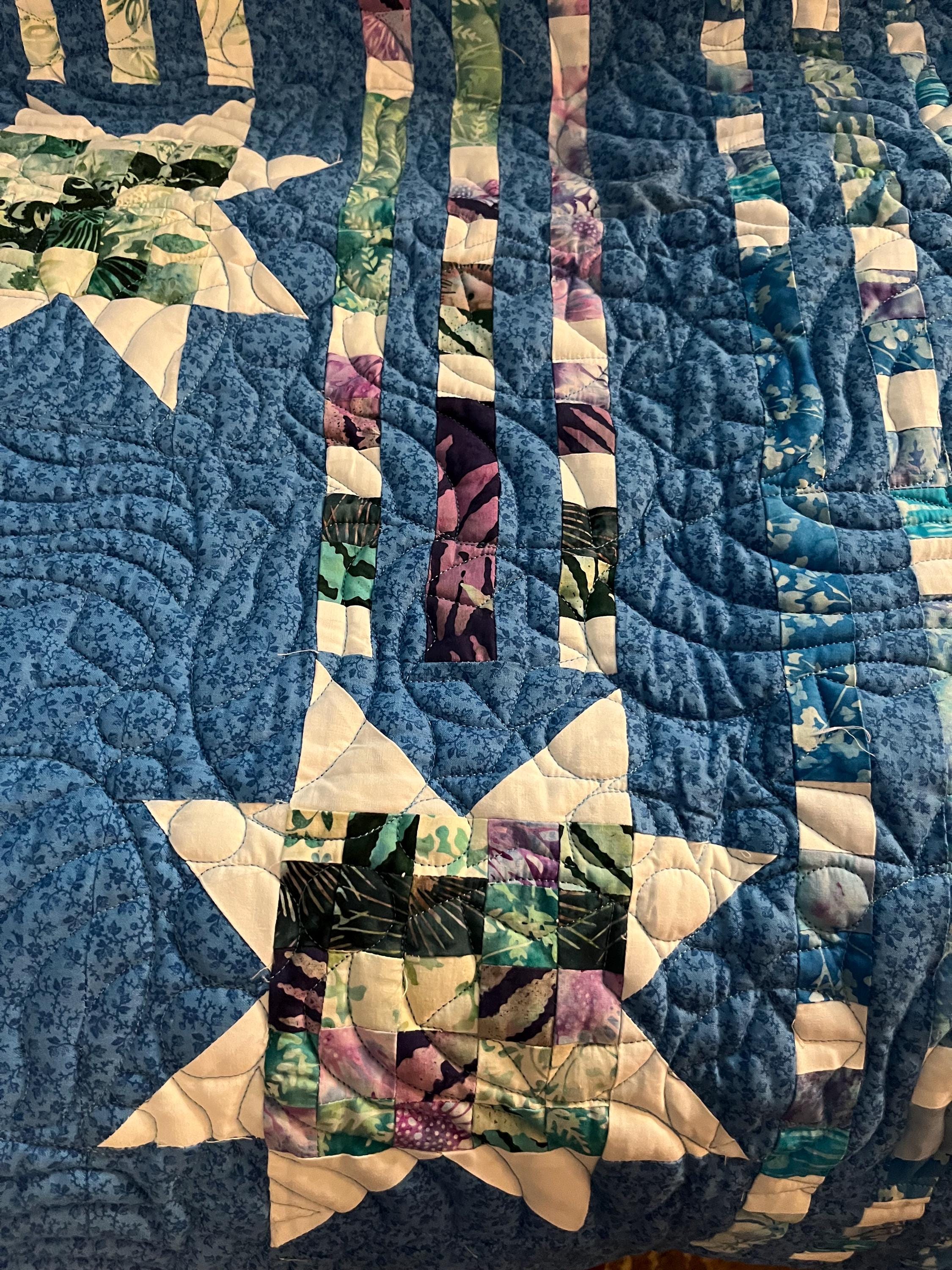 Handmade Lap Quilt, Falling Stars Pattern, Batik Teal, Blue, and Purple ...