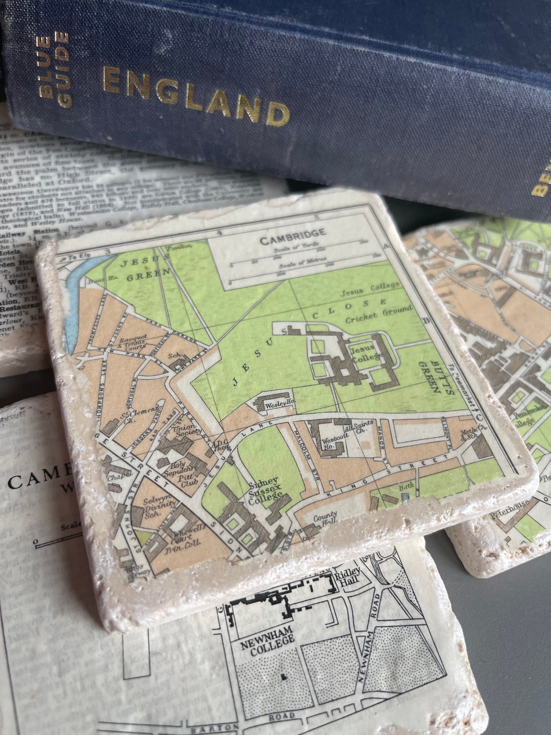 Cambridge England Coasters: Antique Book Page Travertine Decor, Set of ...