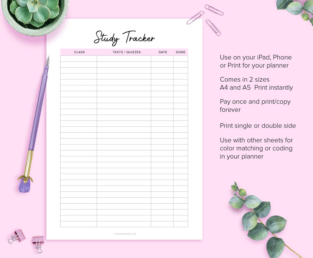 Study Tracker Printable 5 Colors Included Study List Printable Study ...