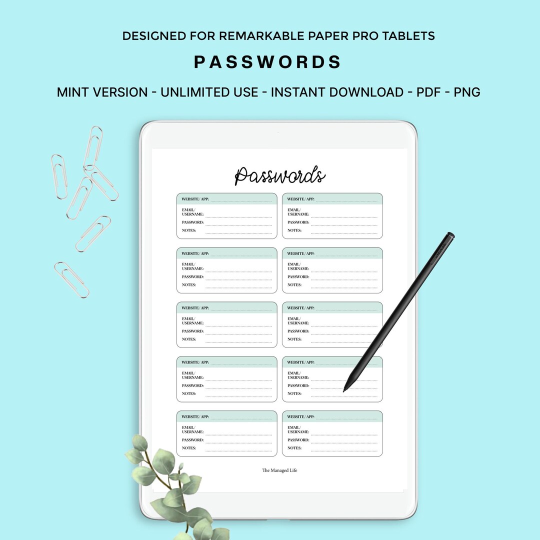 Password Tracker for Remarkable Pro Password Template Password ...