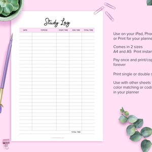 Study Planner Refill, Planner Insert, Study Log A5 and A4 Printables, 5 ...
