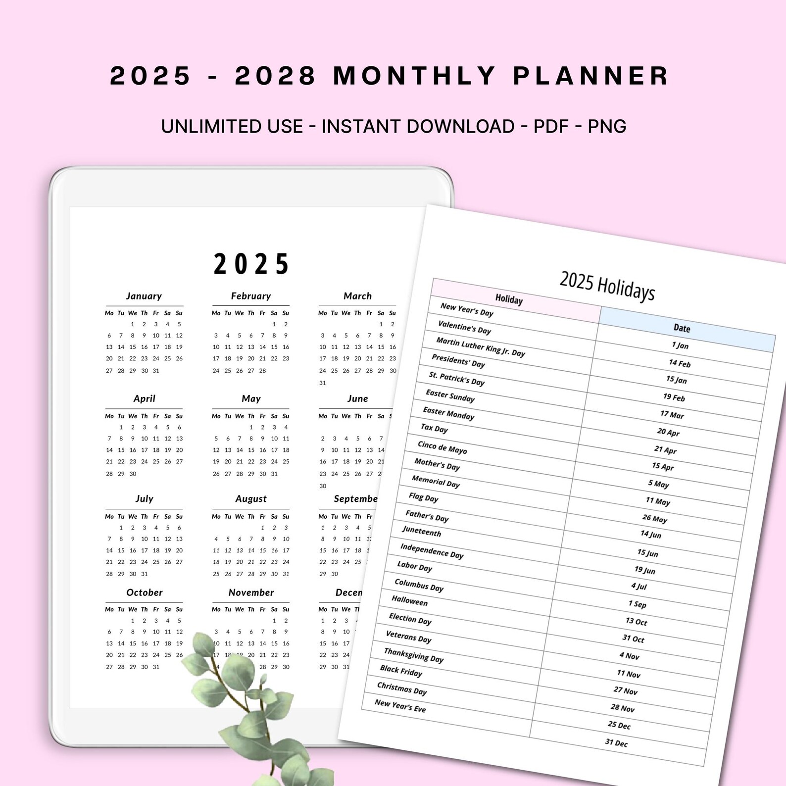 2025-26 Printable Monthly Planner 2025-28 Digital Calendar Template for ...