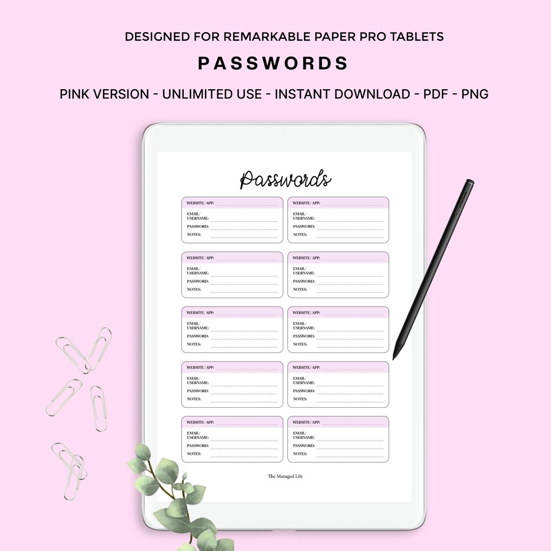 Password Tracker for Remarkable Pro Password Template Password ...