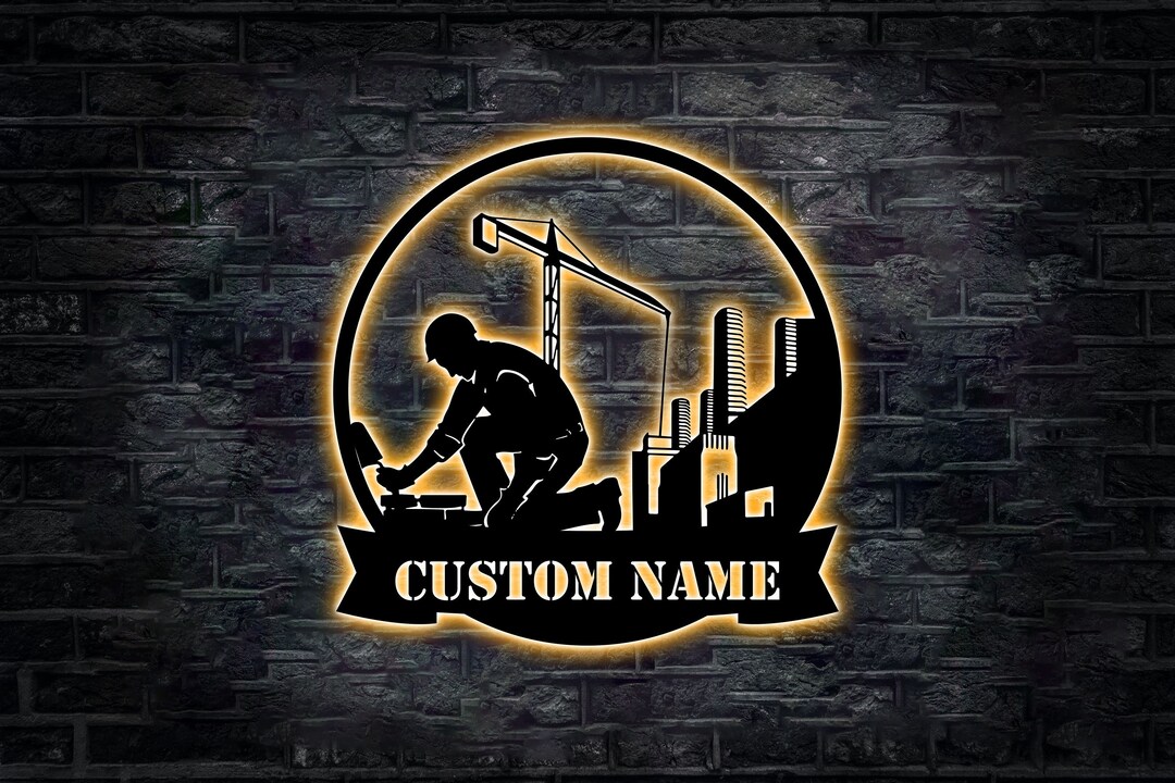 Personalized Construction Worker Metal Sign With LED Lights, Custom ...