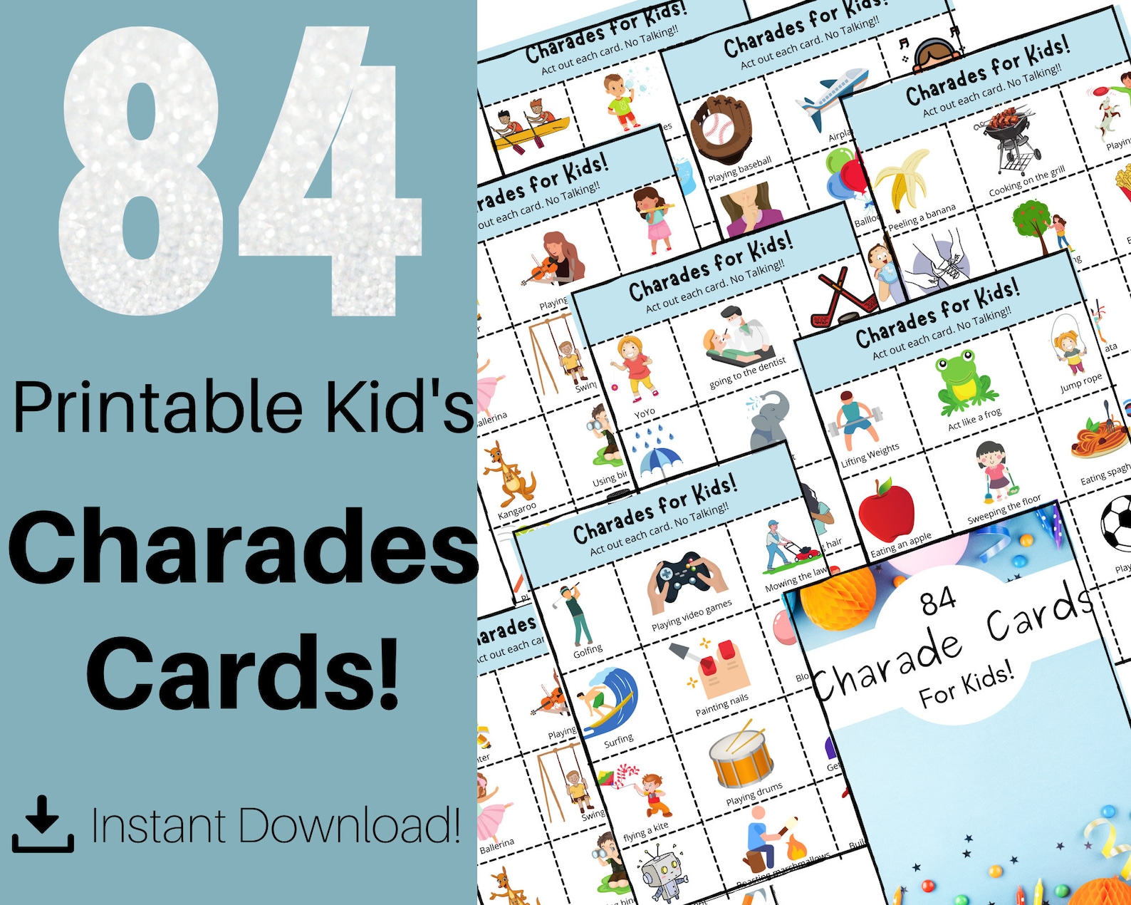 Charades for Kids Printable, Kids Party Game Cards, Toddler Preschool ...