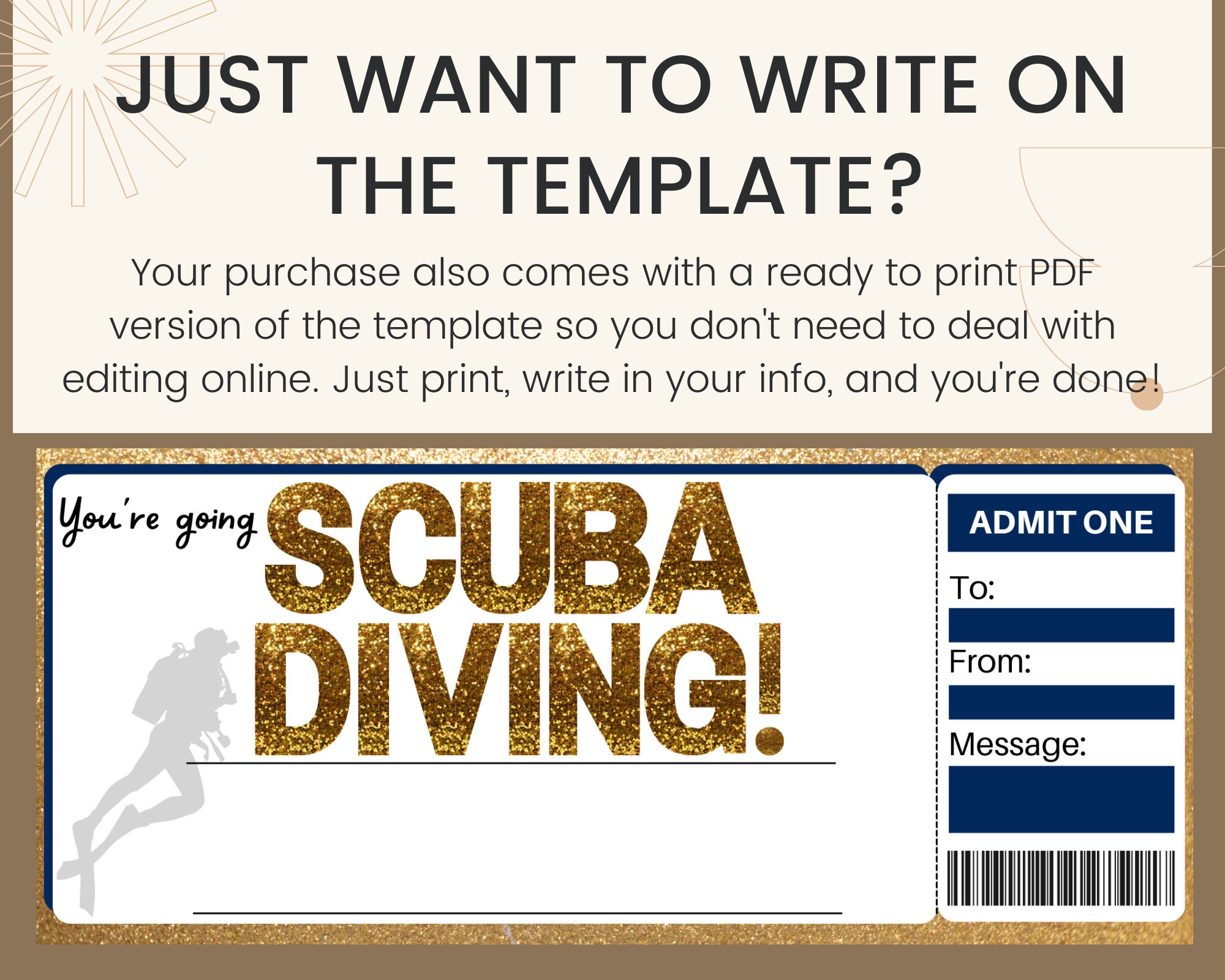Scuba Diving Gift Certificate, Scuba Dive Ticket Template, Diving ...