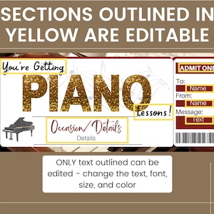Piano Lessons Gift Ticket. Piano Gifts. Music Lessons Gift. Printable ...