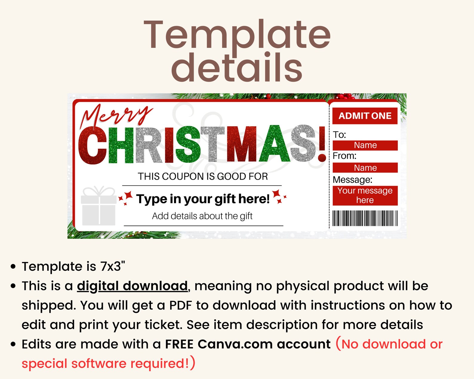 Printable Christmas Coupon Template. Ticket for Experience. Coupon for ...