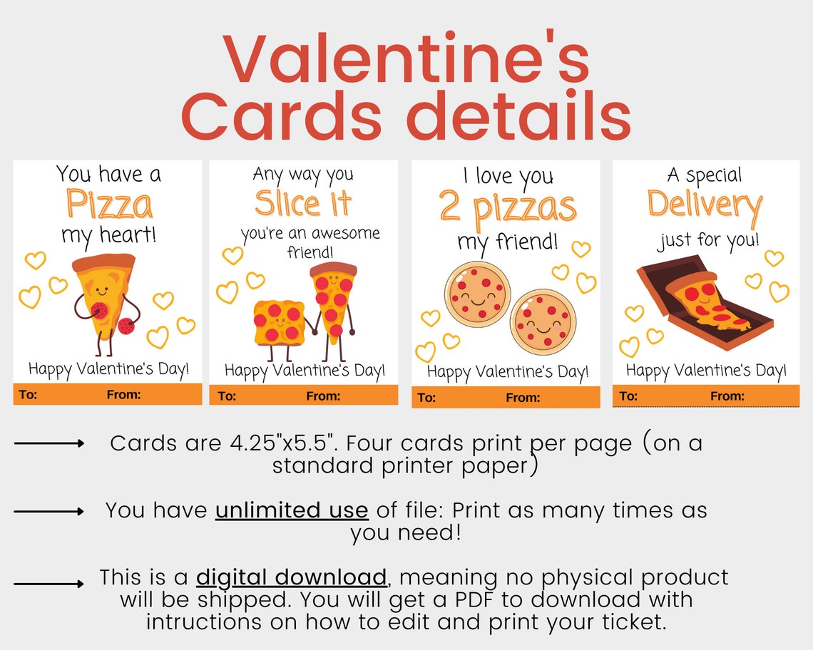Pizza Valentines Cards. Pizza Valentines Kids. Printable - Etsy