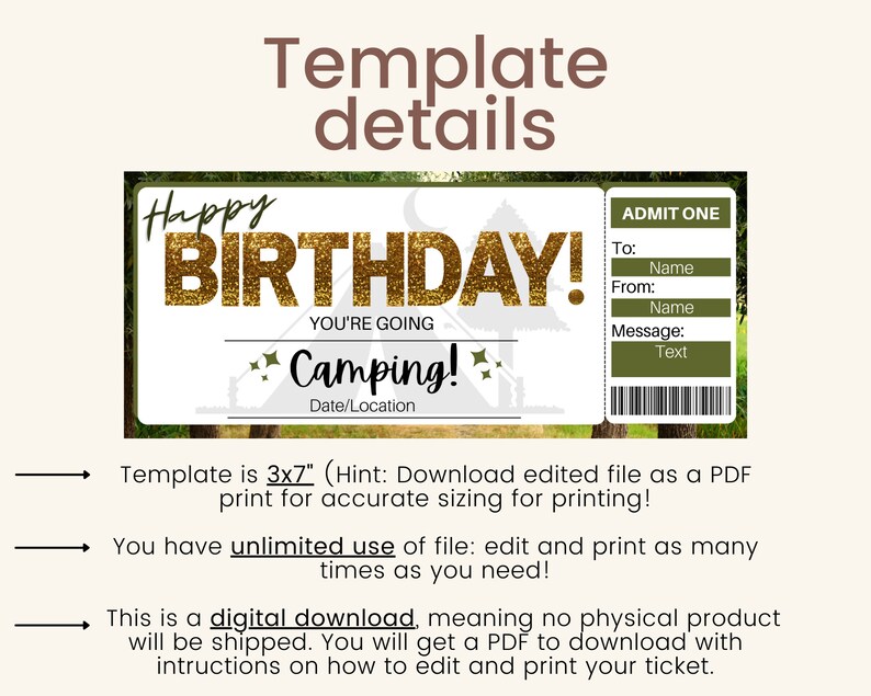 Camping Trip Voucher. Camping Trip Ticket Template. Surprise - Etsy